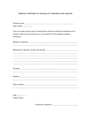 Medical Certificate for Carrying Medication - Blank Fillable Template ...