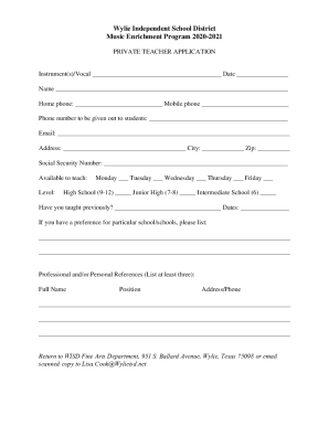 Fillable Online Wylie ISD Private Lessons Teacher Application Fax Email Print - pdfFiller