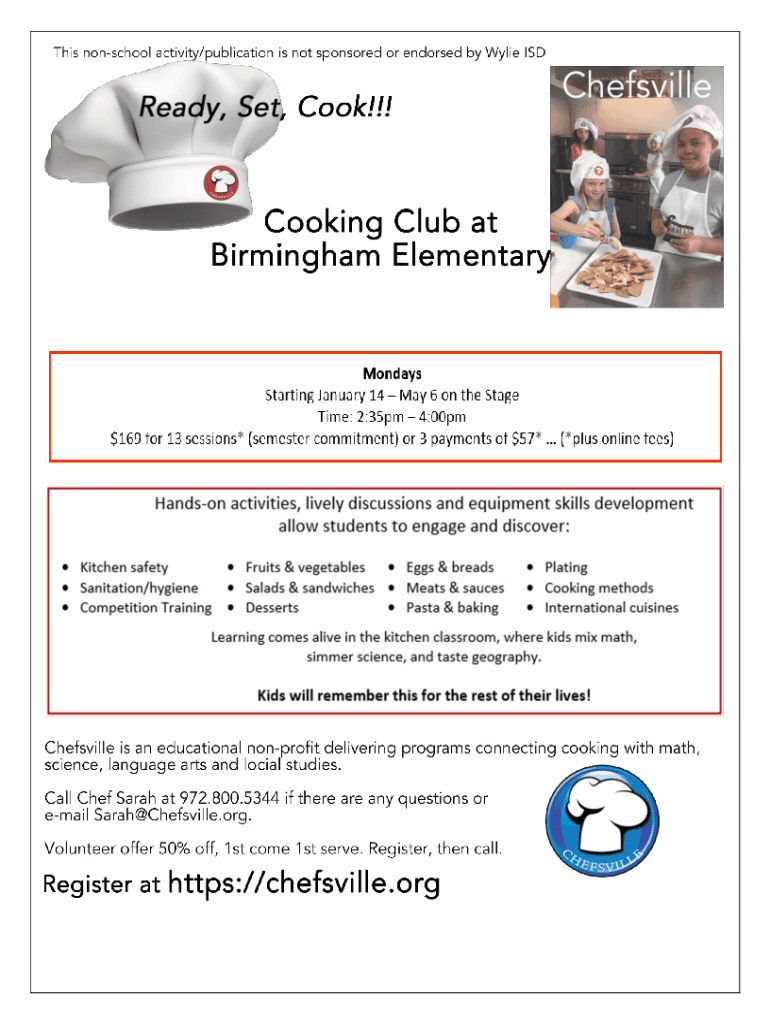 Fillable Online Chefsville Kids: Beginner's Cooking Club Registration ...