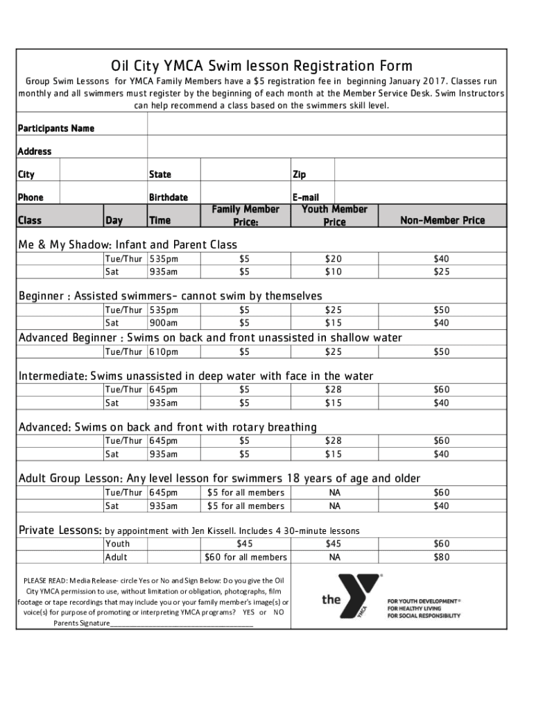 Fillable Online Oil City YMCA Swim lesson Registration Form - 2022 Fax ...