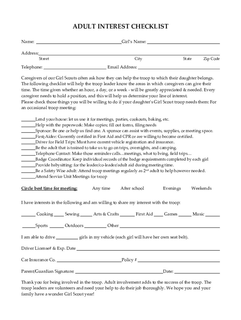 Fillable Online 2021 Jumpstart Adult Interest Checklist. 2021 Jumpstart ...