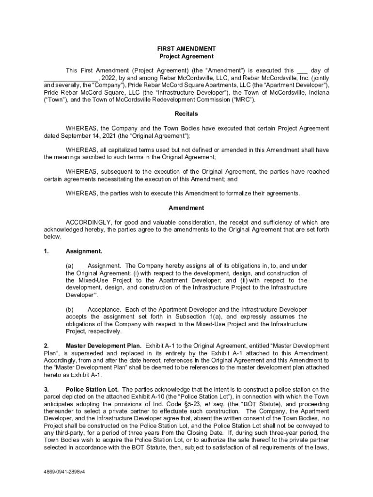 Fillable Online FIRST AMENDMENT Project Agreement - McCordsville ...