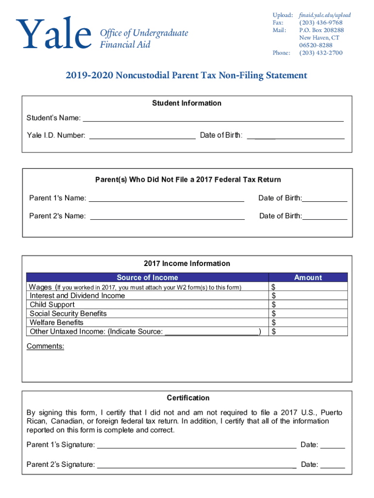 Fillable Online finaid yale 2019-2020 Parent Tax Non-Filing Statement ...