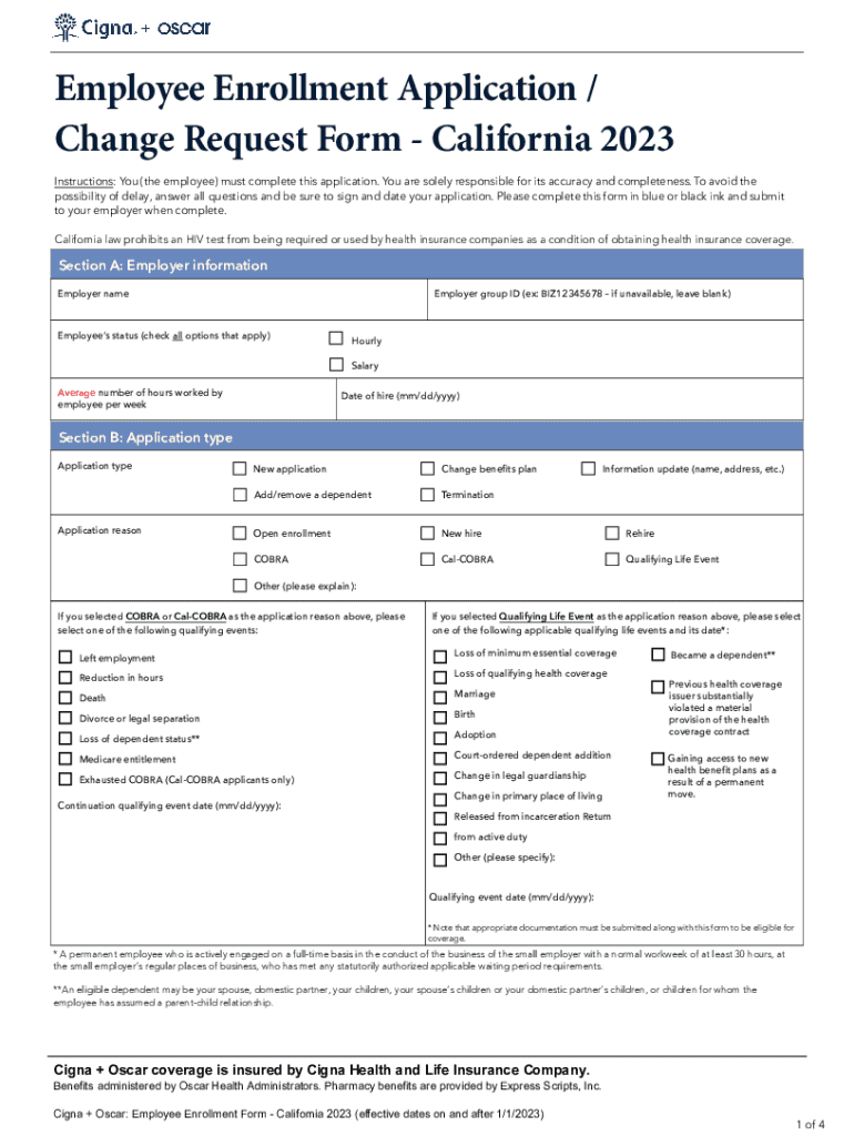 Fillable Online Employee Enrollment Application / Change Request Form ...