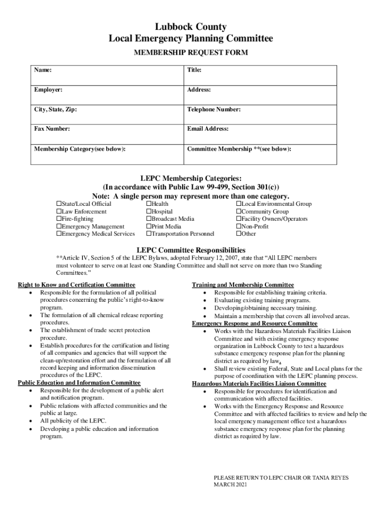 Fillable Online Please Return to LEPC Chair or Lindsey Diaz Fax Email ...