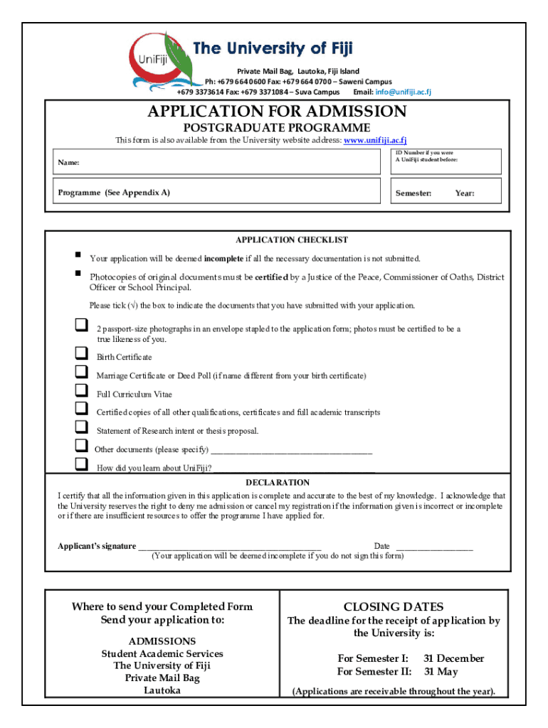 Fillable Online APPLICATION FOR ADMISSION - The University of Fiji Fax ...