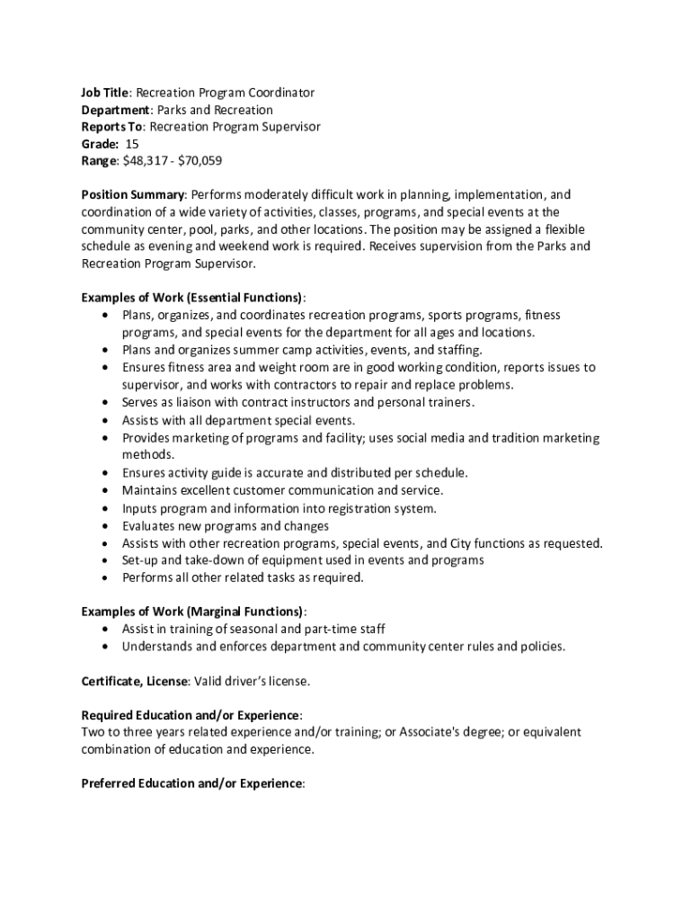 Fillable Online Job Title: Recreation Program Coordinator Department ...