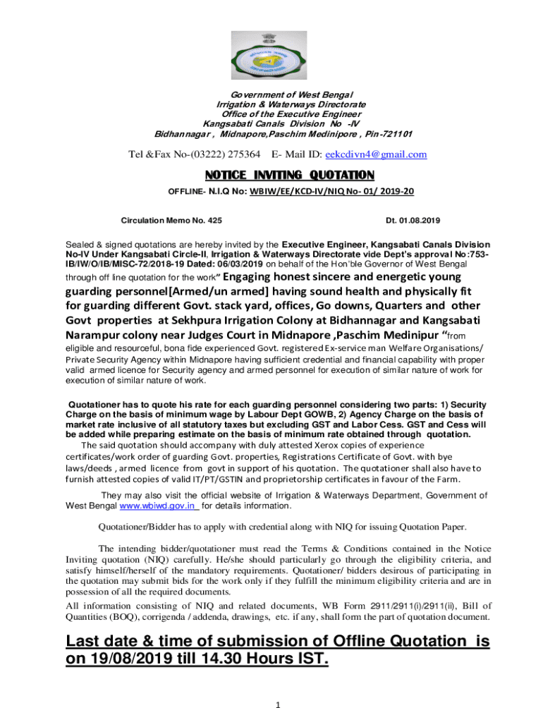 Fillable Online wbiwd gov Last date & time of submission of Offline Quotation is on 19/08 ...