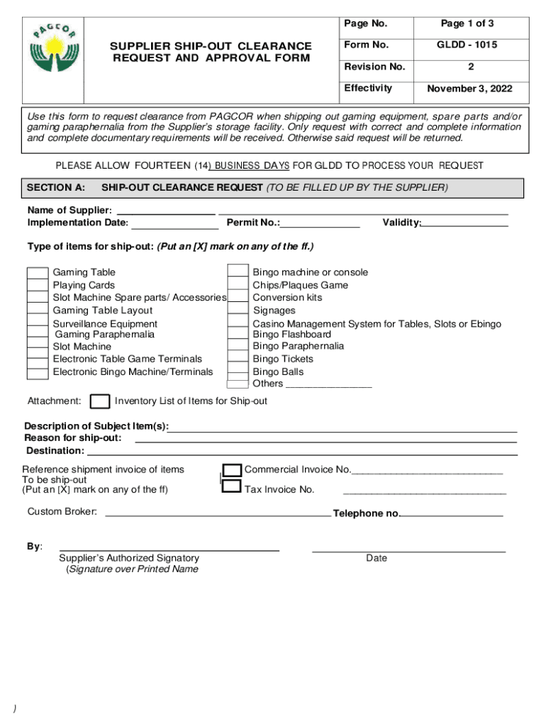 Fillable Online SUPPLIER SHIP-OUT CLEARANCE REQUEST AND ... Fax Email Print - pdfFiller