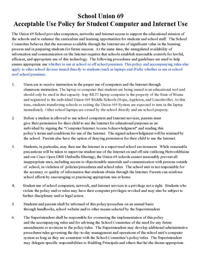 Fillable Online School Union 69 Acceptable Use Policy for Student Computer and ... Fax Email ...