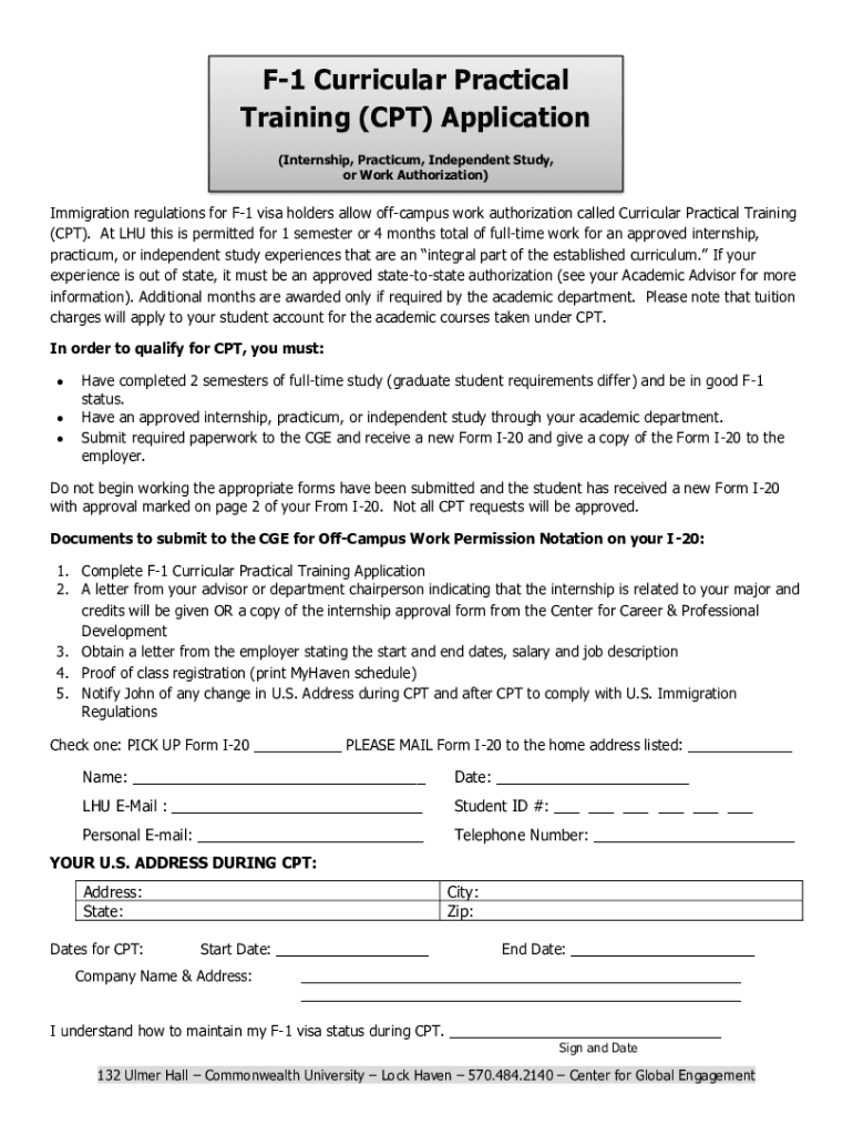 Fillable Online F-1 Curricular Practical Training (CPT) Application Fax ...