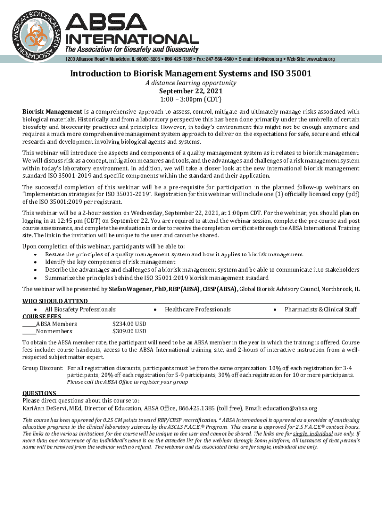 Fillable Online Introduction to Biorisk Management Systems and ISO ...
