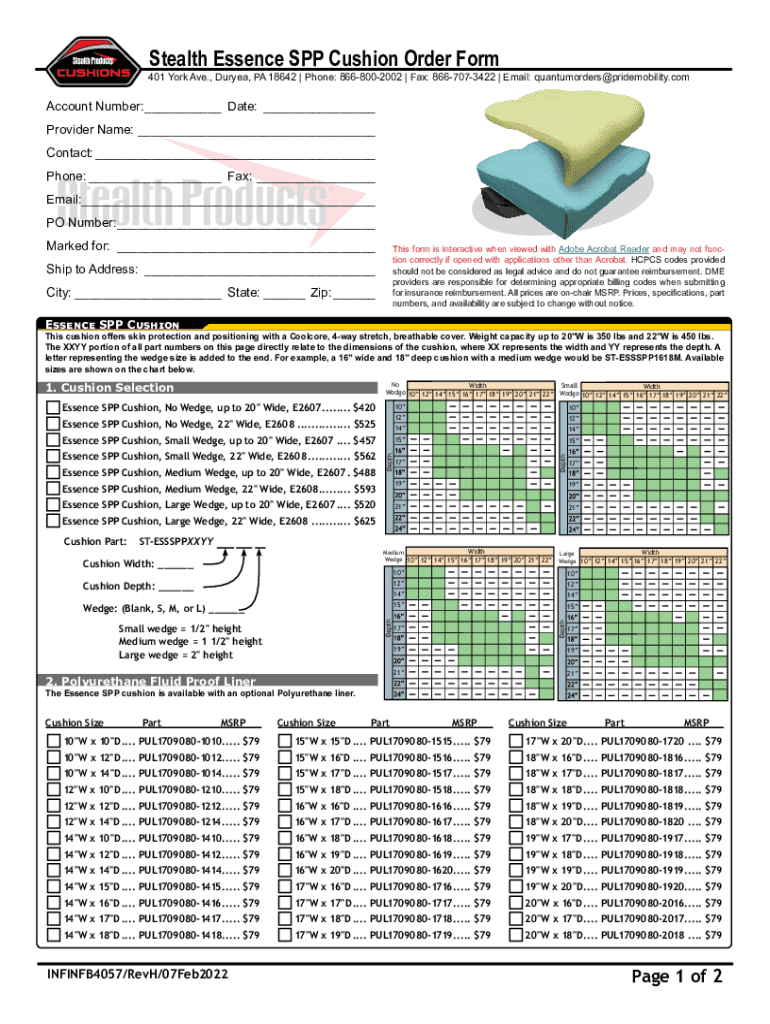Fillable Online Stealth Essence SPP Cushion Order Form - Pride Mobility ...