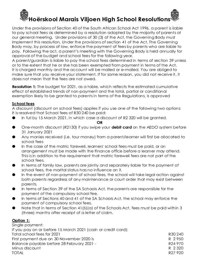 Fillable Online Horskool Marais Viljoen High School Resolutions Fax ...