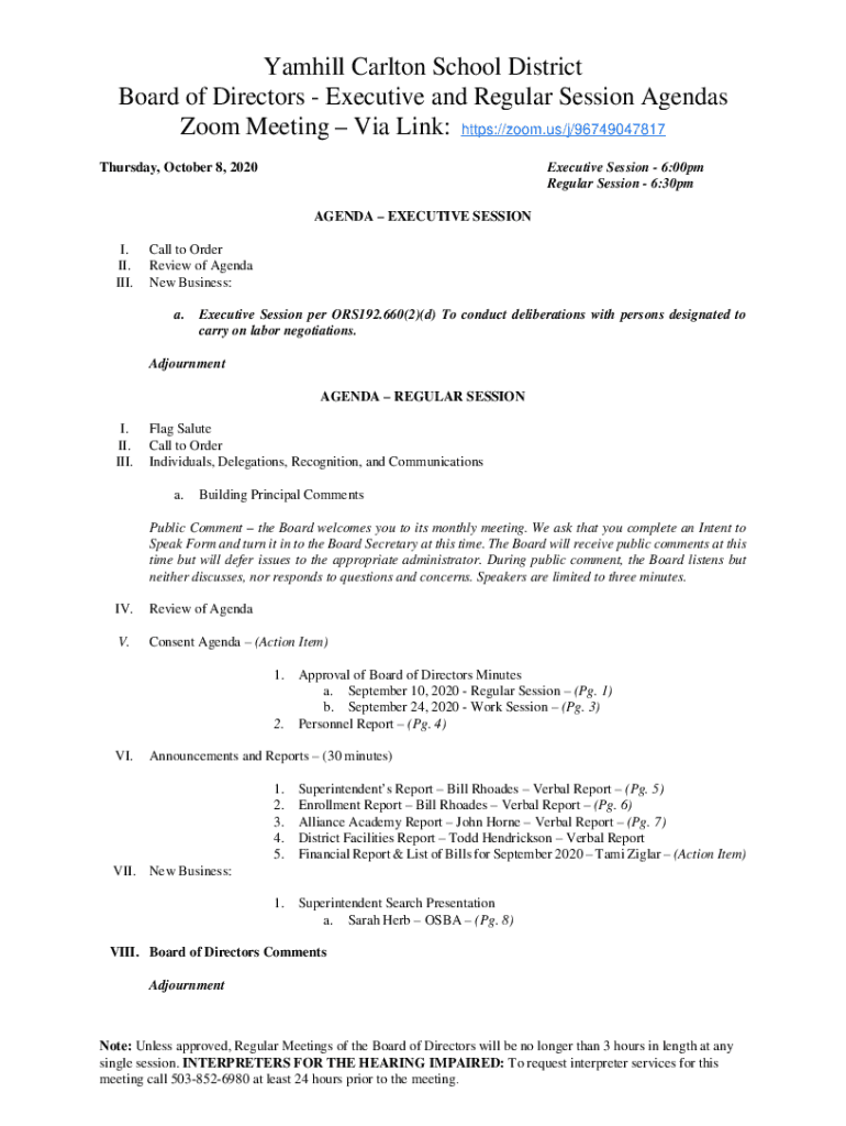 Fillable Online Executive and Regular Session Agendas - SharpSchool Fax ...