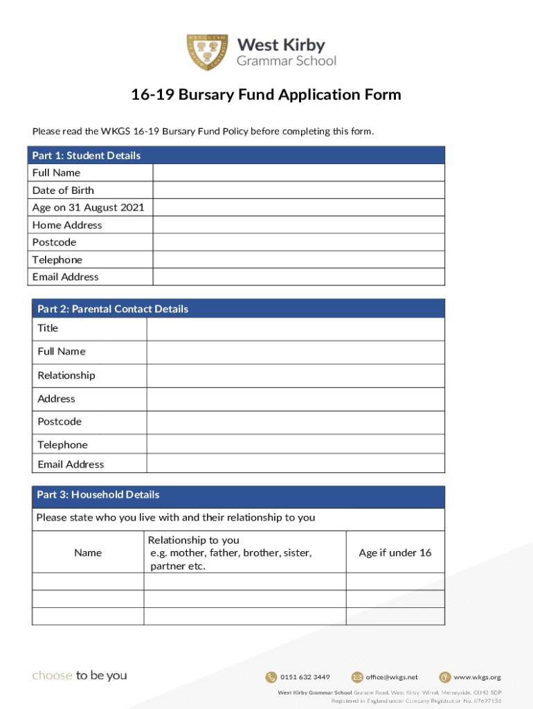 Fillable Online 16-19 Bursary Fund Application Form Fax Email Print - pdfFiller