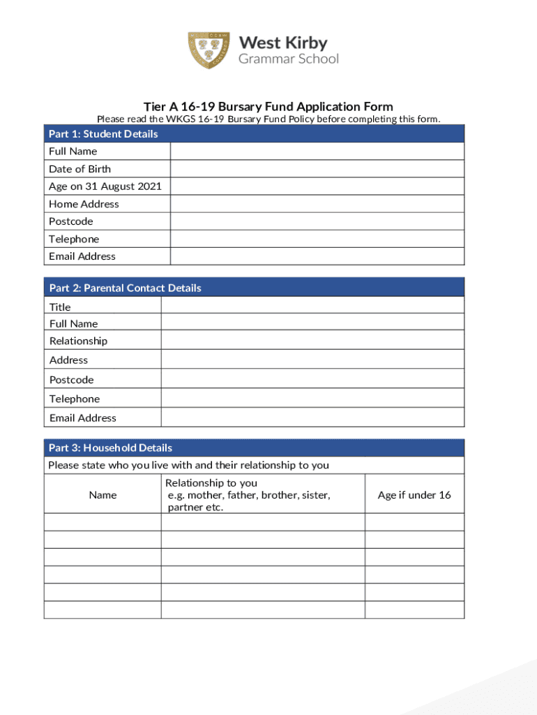 Fillable Online Tier A 16-19 Bursary Fund Application Form Fax Email Print - pdfFiller
