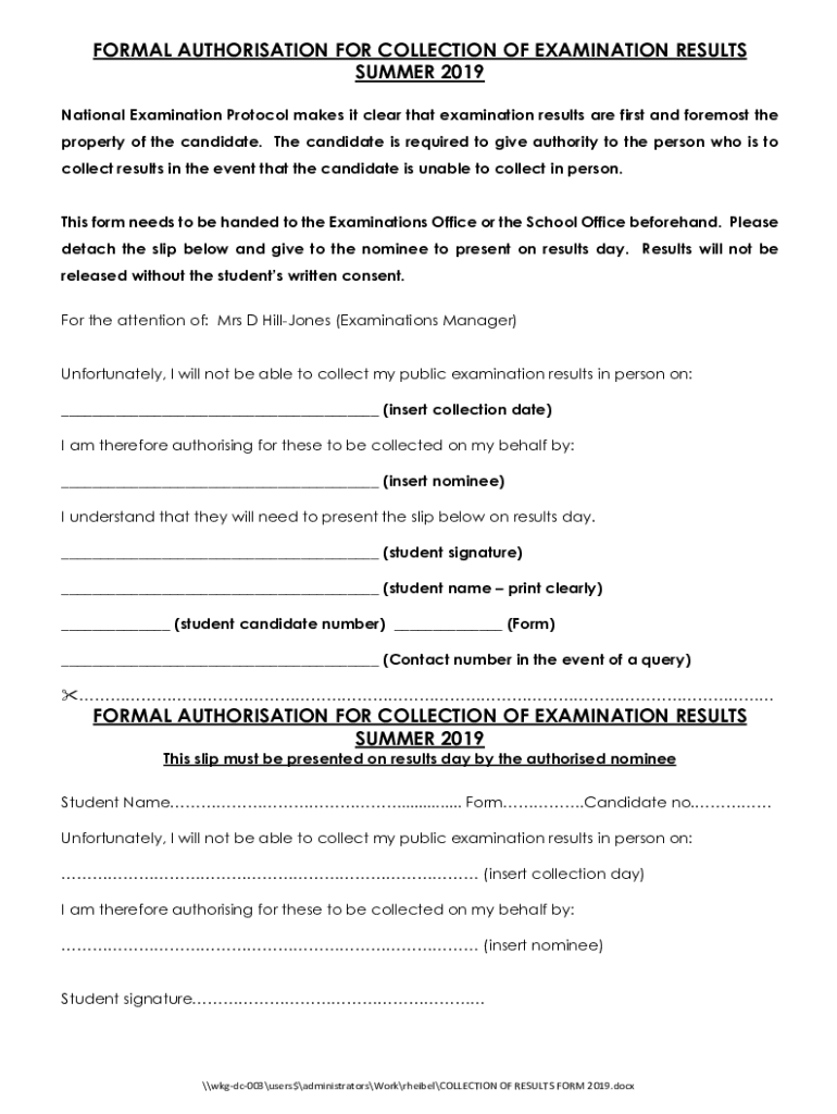 Fillable Online formal authorisation for collection of examination ...