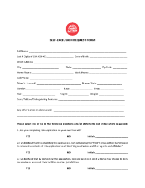 Fillable Online SELF-EXCLUSION REQUEST FORM - West Virginia Lottery Fax ...
