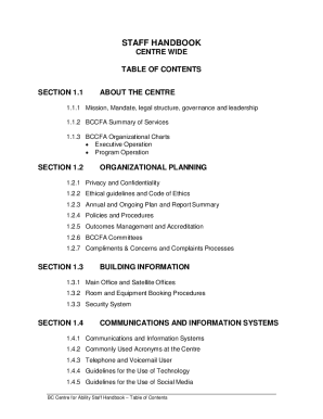 Fillable Online staff handbook - centre wide table of contents section ...