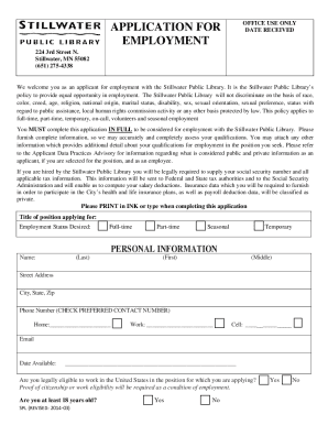 Fillable Online APPLICATION FOR EMPLOYMENT - Stillwater Public Library ...