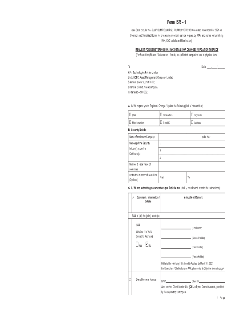 Fillable Online Form ISR-1 - Request for registering PAN, KYC Details ...