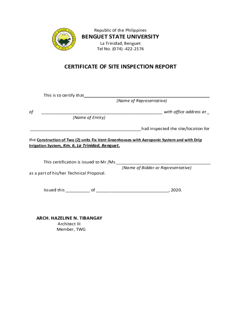 Fillable Online certificate of site inspection report - Benguet State ...