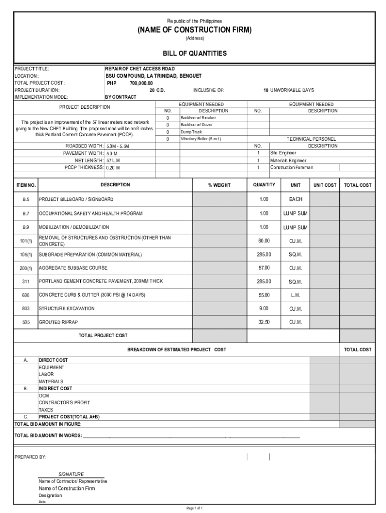 Fillable Online Bill of Quantity For General Requirements in ...