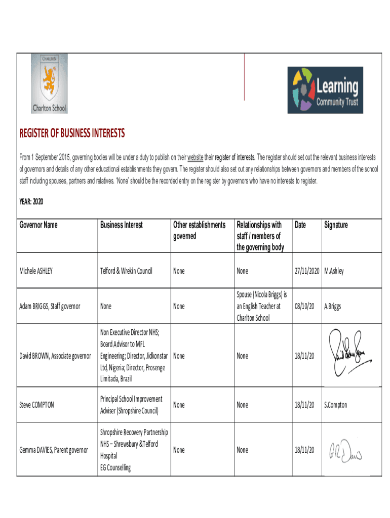 Fillable Online School governors Register of business interests and ...