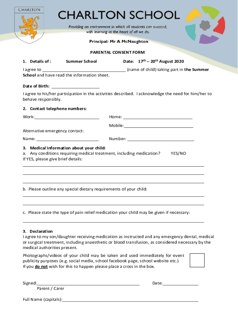 Fillable Online parental consent form - Charlton School Fax Email Print ...