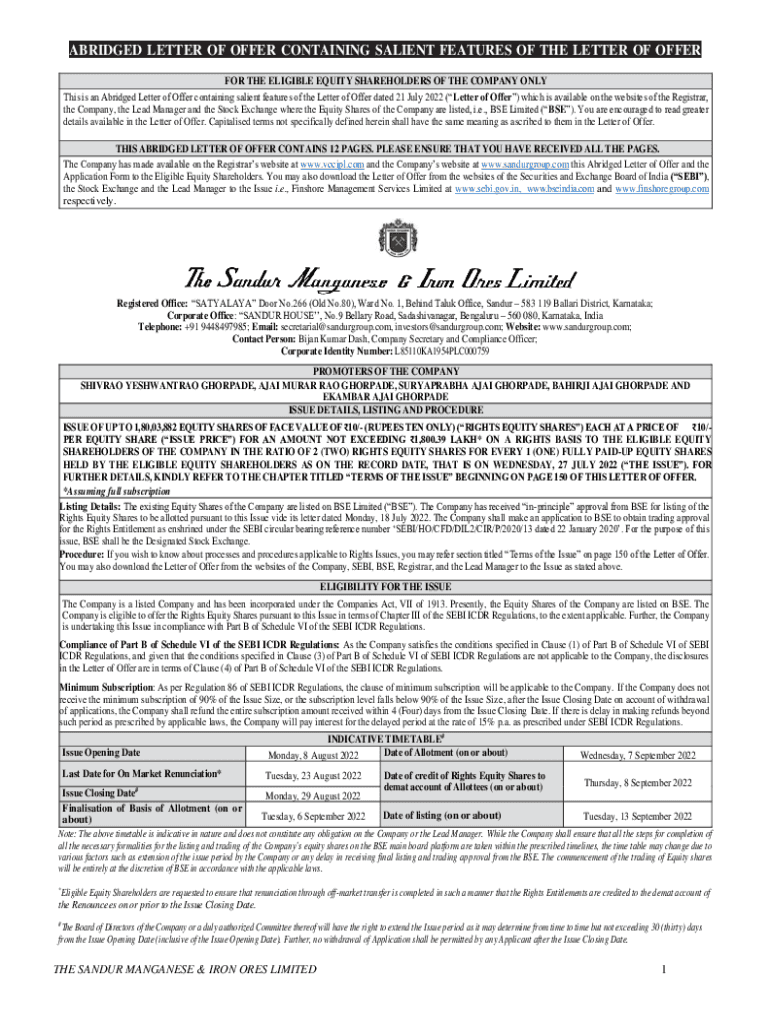 Fillable Online abridged letter of offer containing salient features of the ... - BSE Fax Email ...