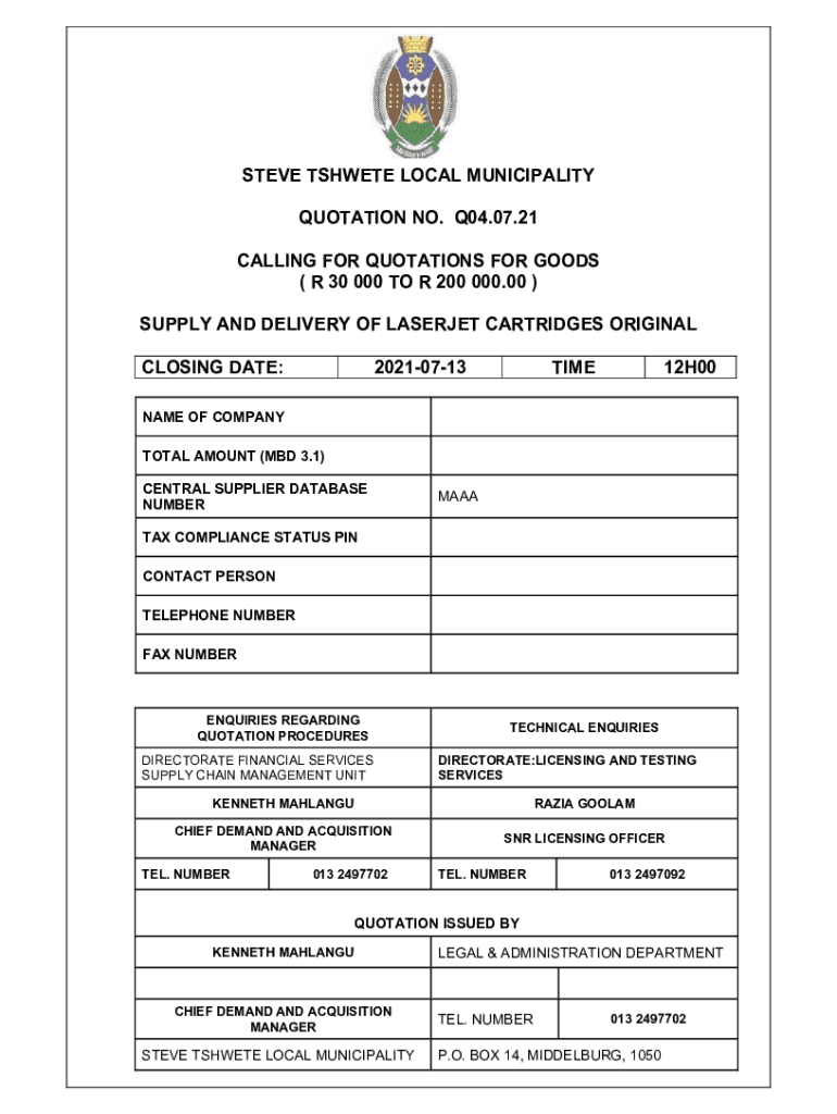 Fillable Online Steve Tshwete Local MUNICIPALITY QUOTATION NO. Q04 ... Fax Email Print - pdfFiller