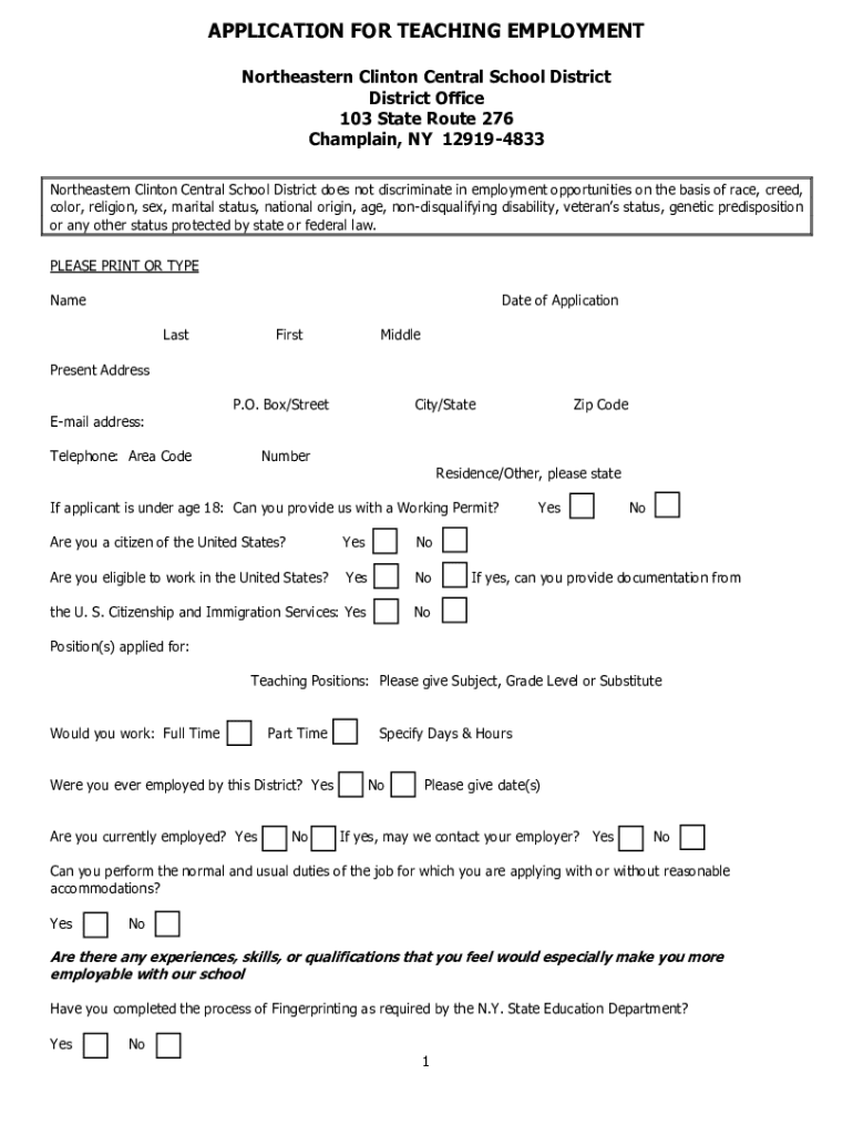 Fillable Online Application for Employment - Northeastern Clinton CSD ...