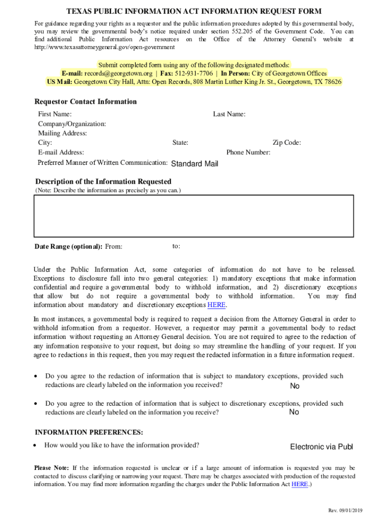 Fillable Online Texas Public Information Act Information Request Form ...