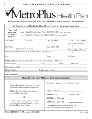Fillable Online Medicare Enrollment Request Form - MetroPlus Fax Email ...
