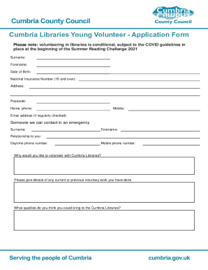 Fillable Online Cumbria Libraries Young Volunteer - Application Form - Please Fax Email Print ...