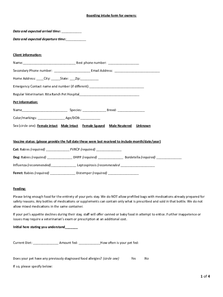 Fillable Online Canine Boarding Intake Form - Animal Hospital of Old ...