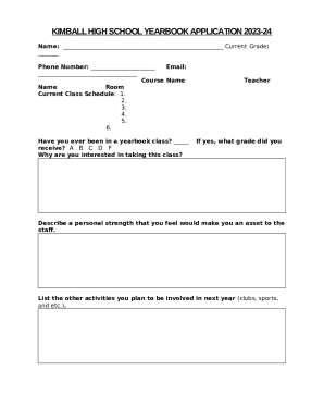 KIMBALL HIGH SCHOOL YEARBOOK APPLICATION 2023-24 Doc Template | pdfFiller