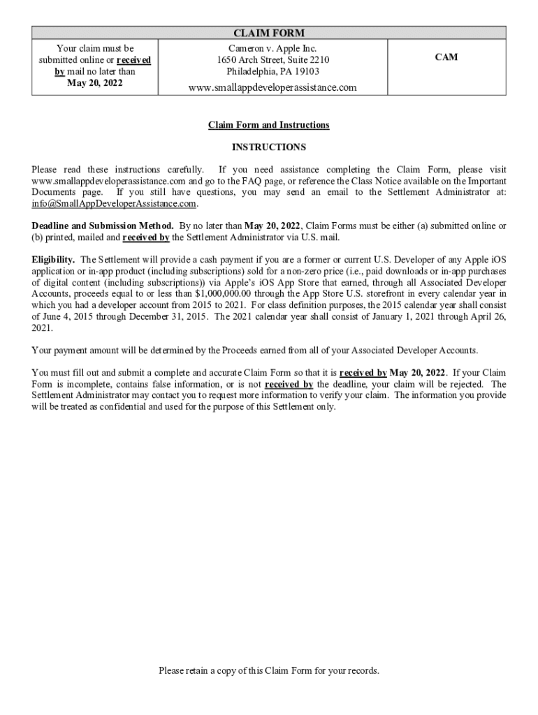 Fillable Online Apple Cameron - Generic Claim Form - as filed.docx Fax ...