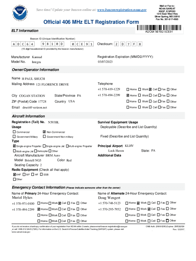 Fillable Online Official 406 MHz ELT Registration Form Fax Email Print - pdfFiller