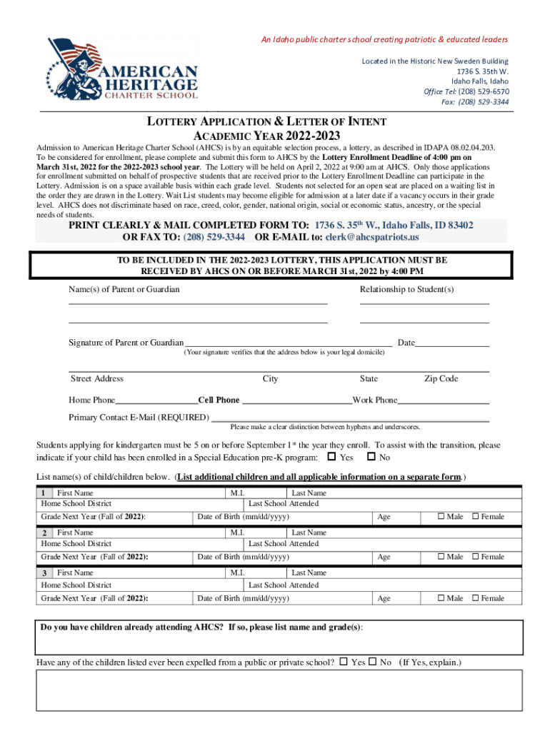 Fillable Online lottery application & letter of intent academic year ...