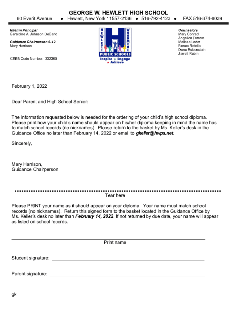 Fillable Online GW HEWLETT HIGH SCHOOL Parent/Guardian Brag Sheet Fax ...