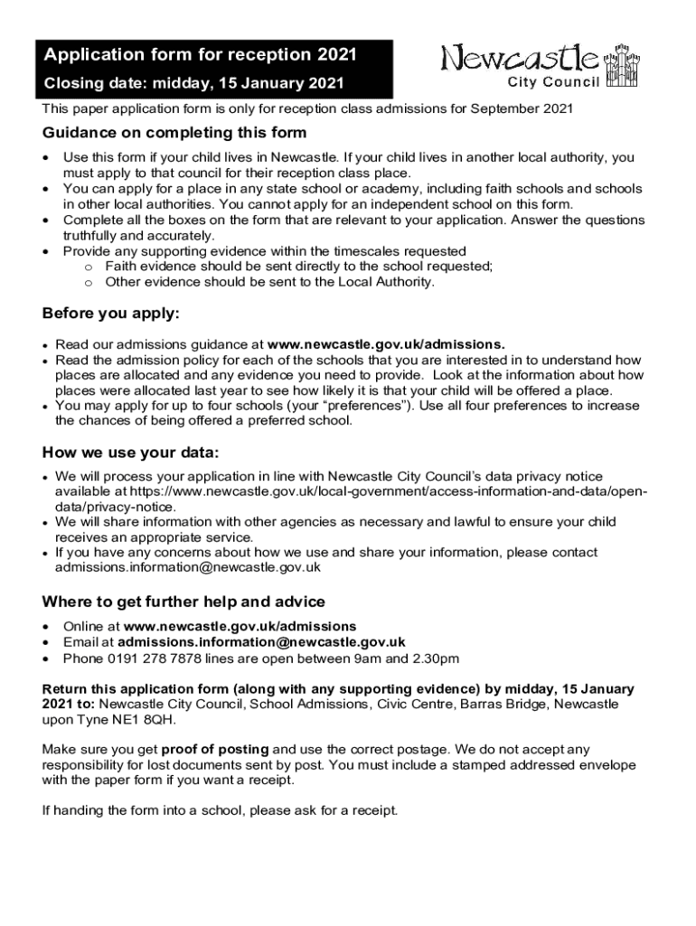 Fillable Online Application form for reception 2021 - Newcastle City Council Fax Email Print ...