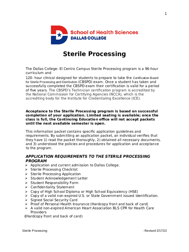 sterile processing program application Doc Template | pdfFiller