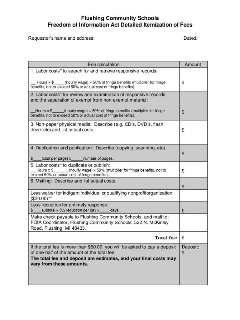 Fillable Online Detailed Itemization FOIA Fee Form. Used to calculate ...