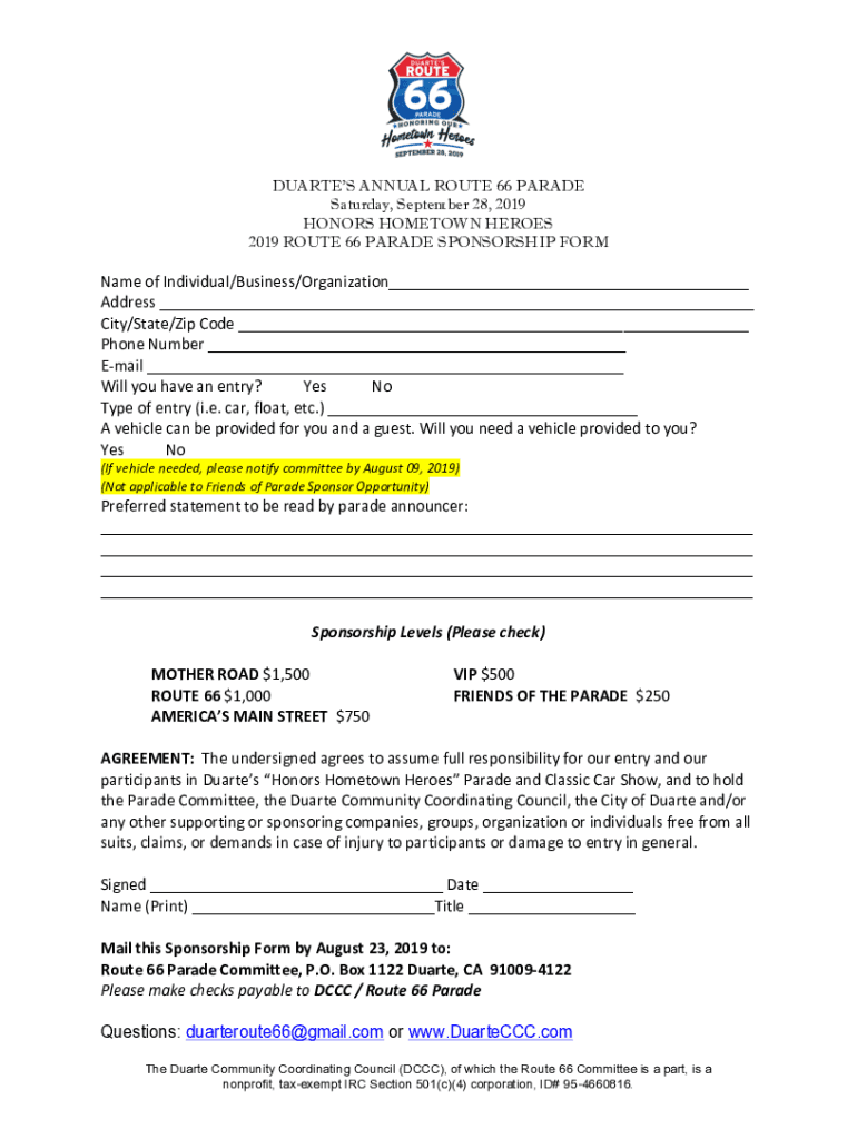 Fillable Online Duarte's 11th Annual Salute to Route 66 Parade and Classic ... Fax Email Print ...