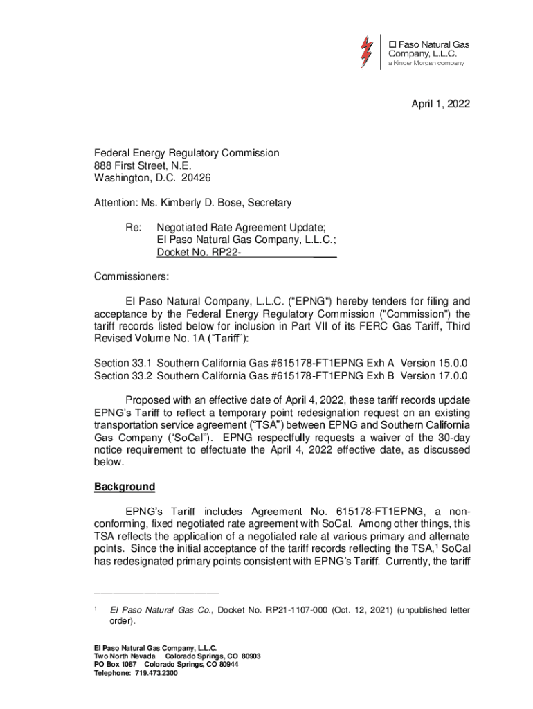 Fillable Online April 1, 2022 Ms. Kimberly D. Bose, Secretary Federal Energy ... Fax Email Print ...