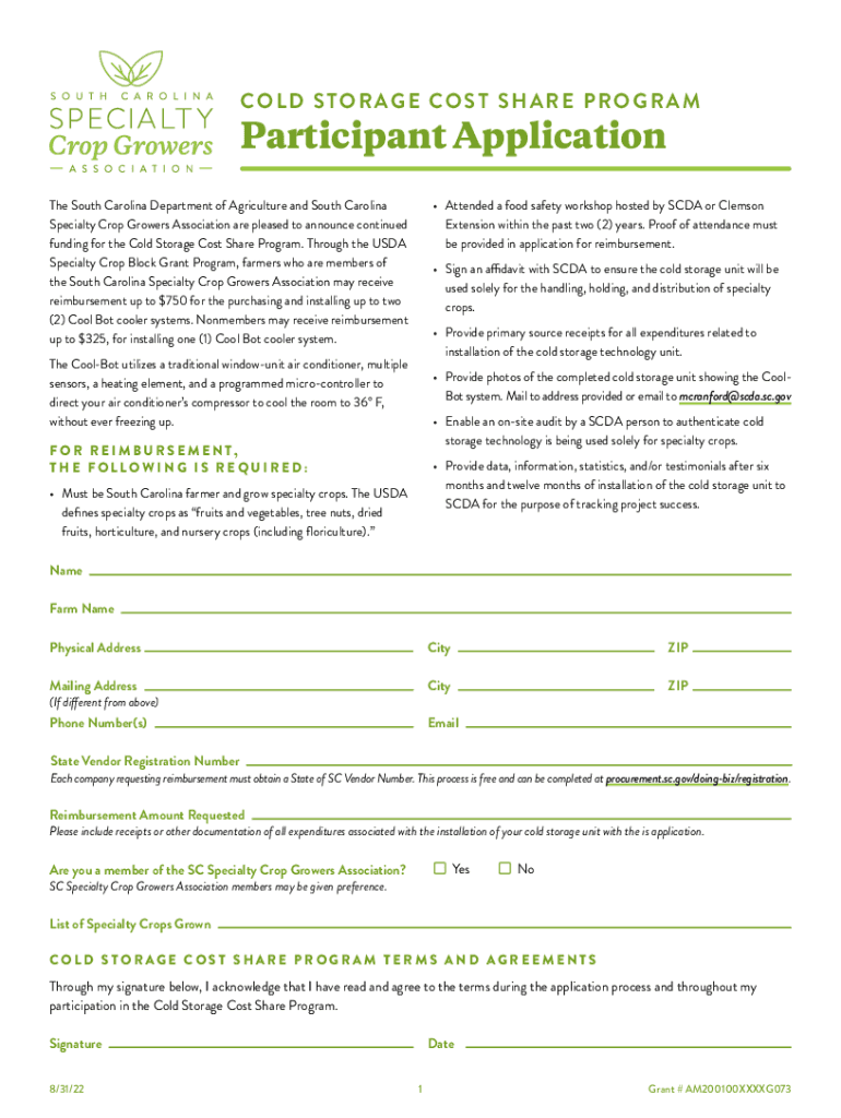 Fillable Online agriculture sc Cold Storage Cost Share Program ...