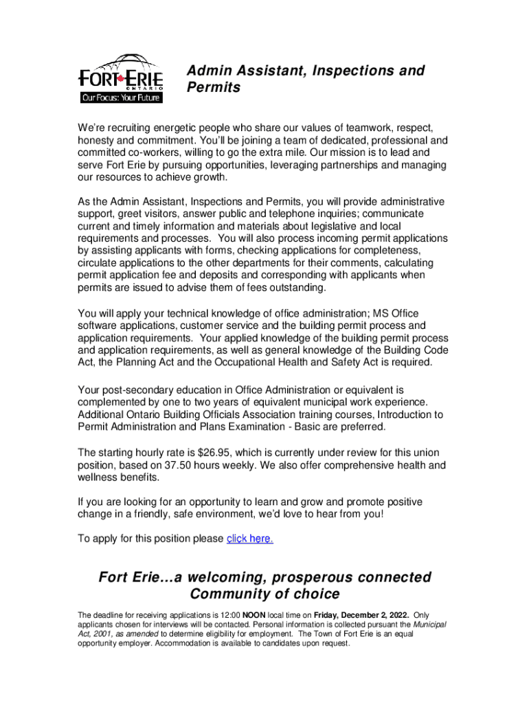 Fillable Online Admin Assistant, Inspections and Permits - Town of Fort ...