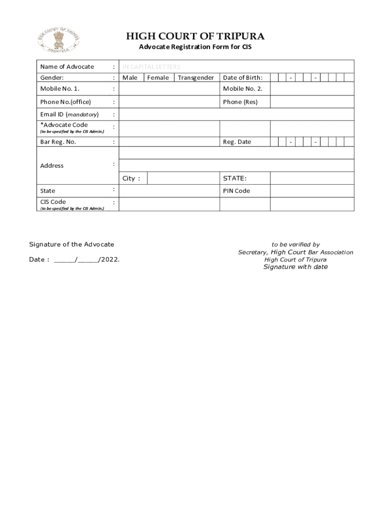 Fillable Online thc nic CIS ADVOCATE ENTRY FORM.pdf - High Court of Tripura Fax Email Print ...